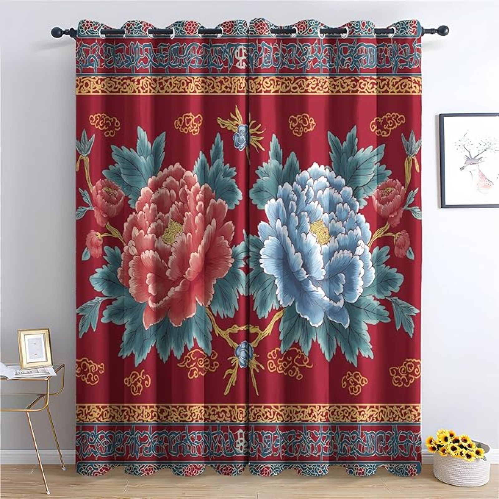 Chinese Peony Patterned Blackout Curtains For Bedroom, Living Room ...