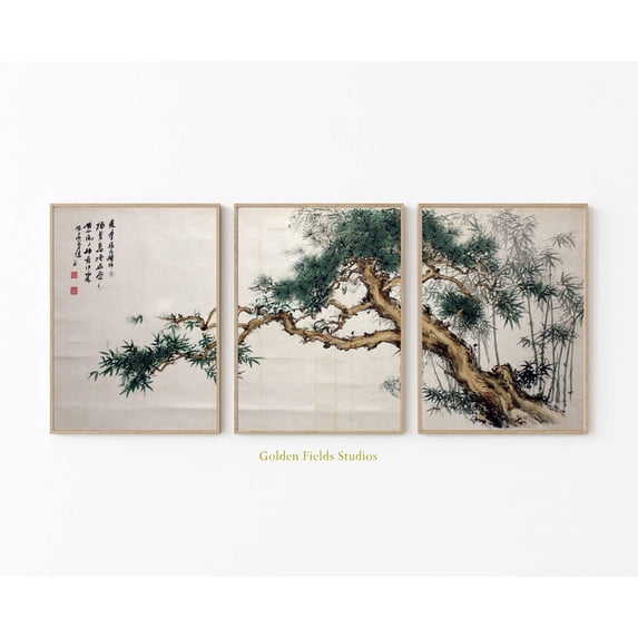 Chinese Pine Triptych Ink Style Zen Landscape Wall Art Set 3 - Walmart.com