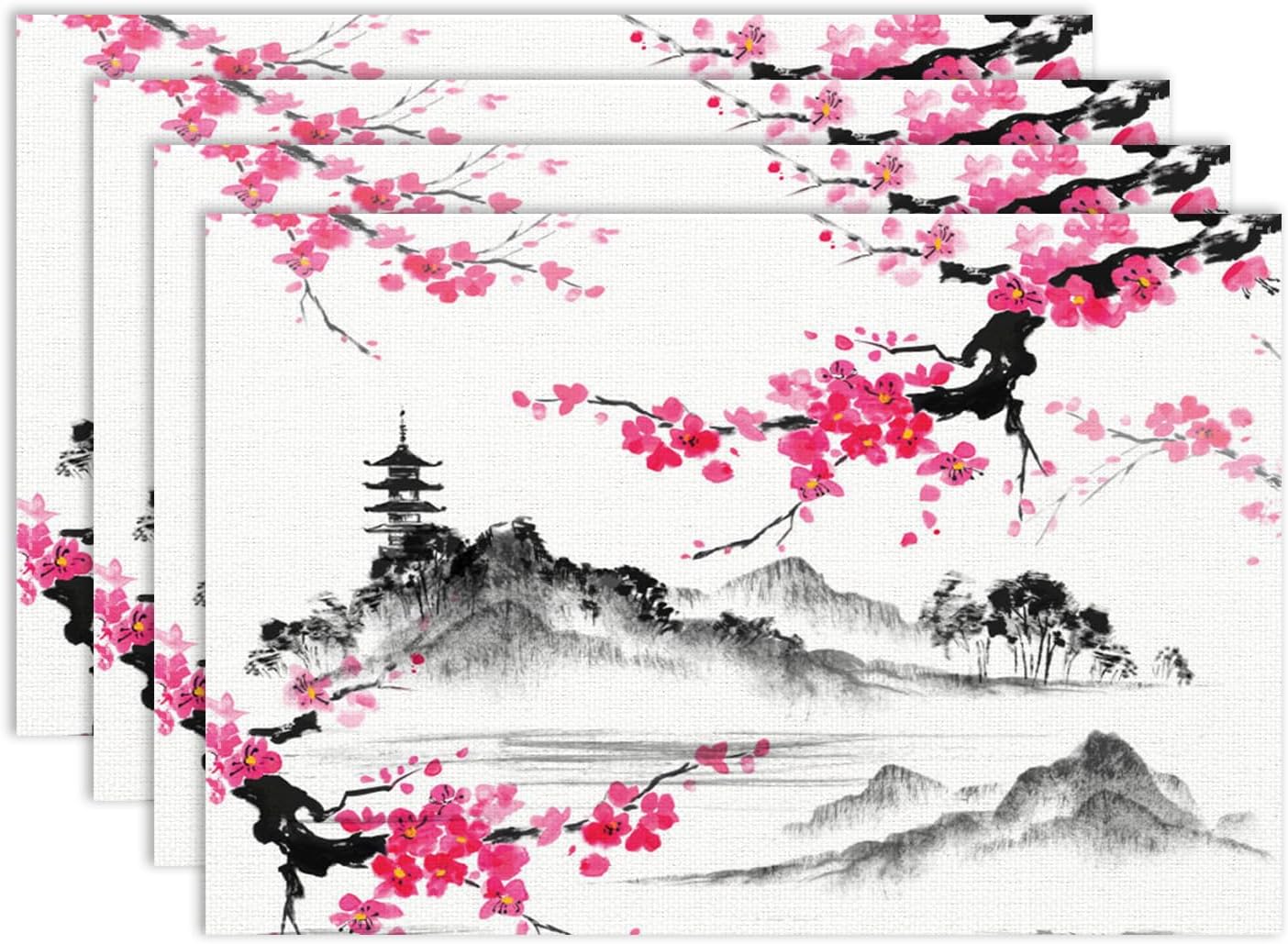 Chinese Placemat Set of 4, 12x18 Inch Pink Cherry Blossom Asian Ink ...