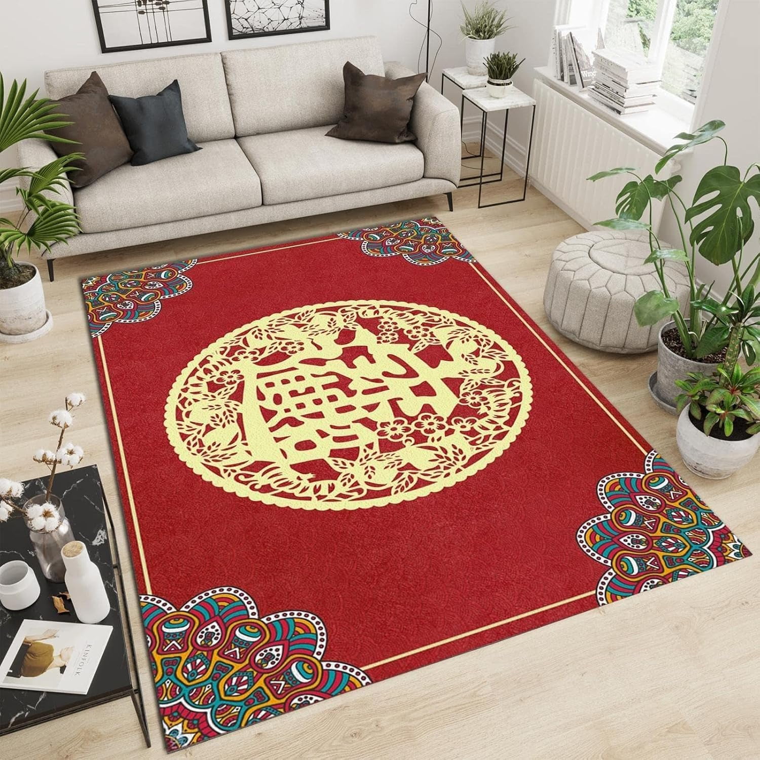 Chinese Red Lucky Fortune Area Rug, Traditional Retro Attract Wealth ...