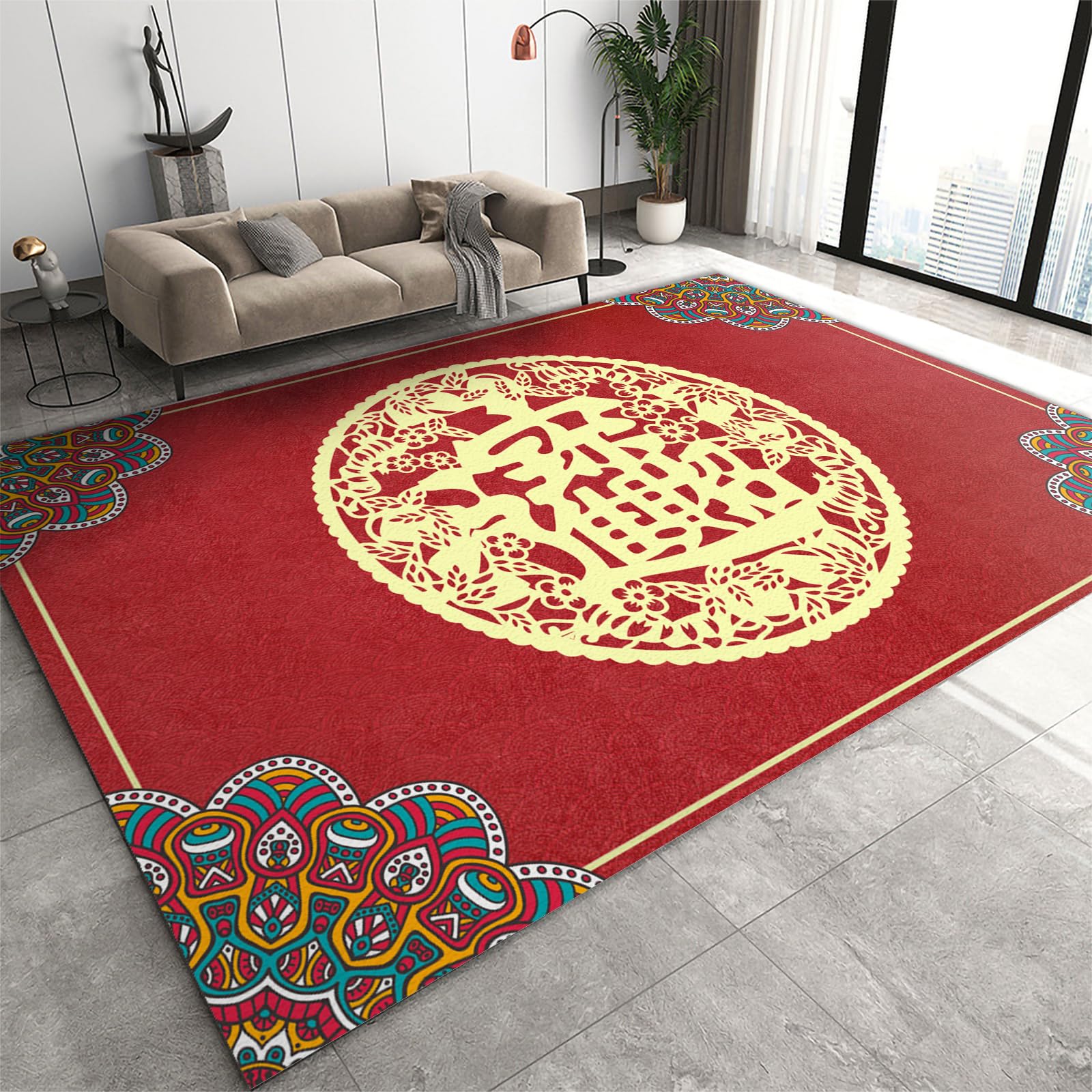 Chinese Red Rug, Chinese Style Traditional Lucky Fortune Gold Chinese ...