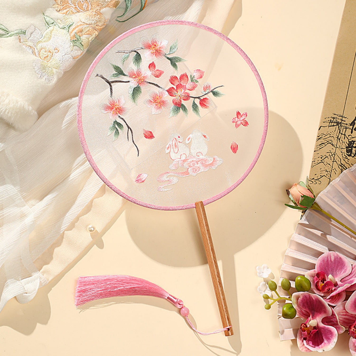 Chinese Round Hand Fans with Tassel, Hand Circular Fans Double-Sided ...