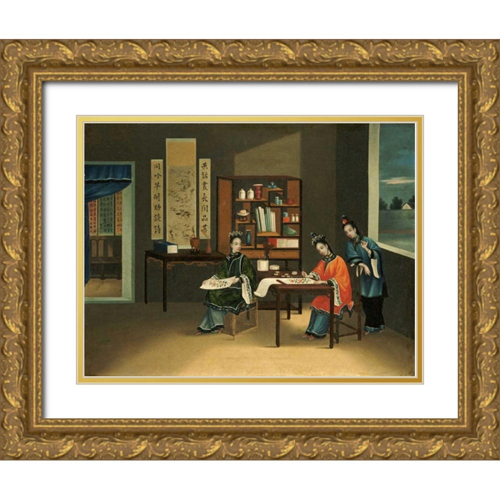 Chinese School 24x19 Gold Ornate Wood Framed with Double Matting Museum ...
