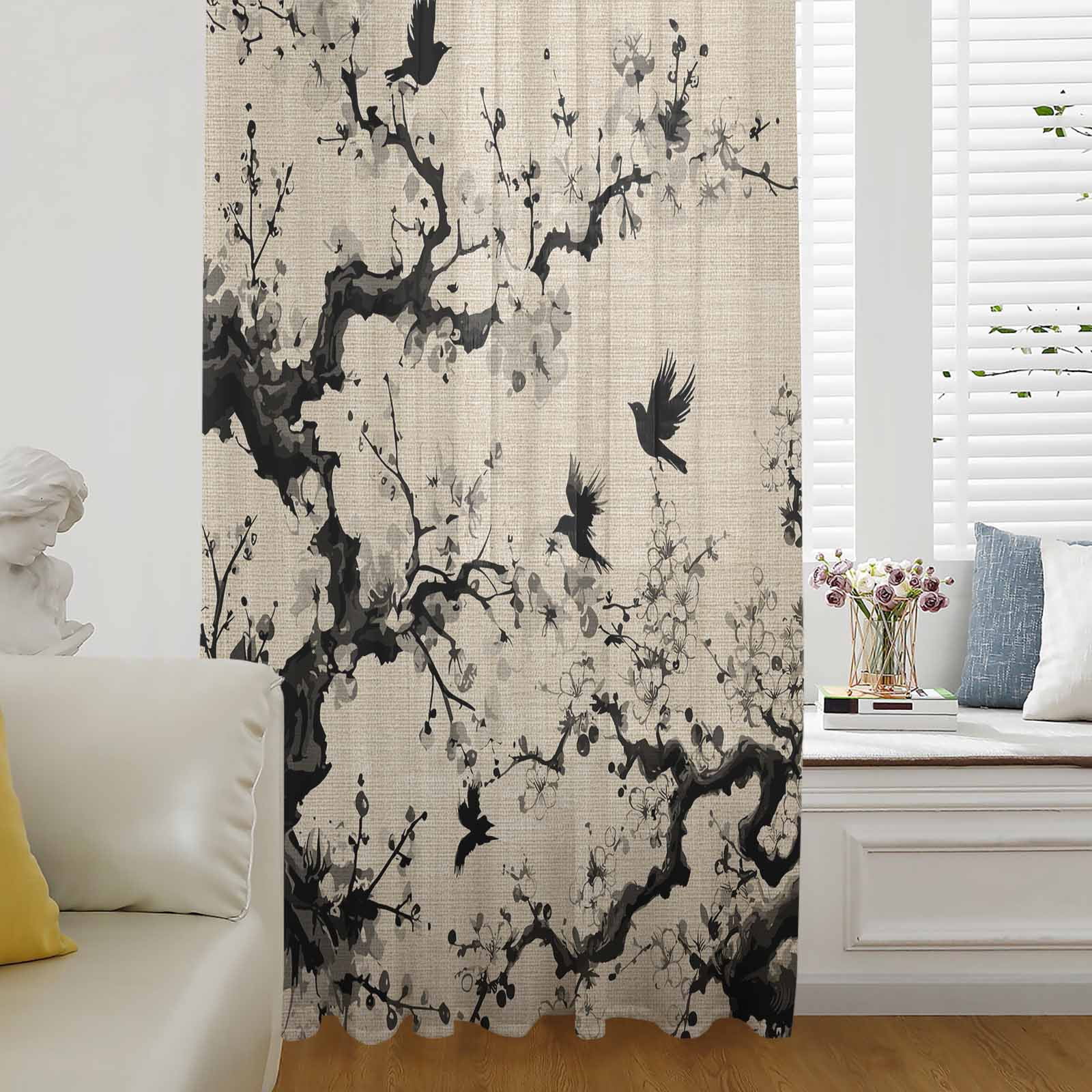 Chinese Sheer Curtains 84 Inches Long for Living Room/Bedroom, Black ...