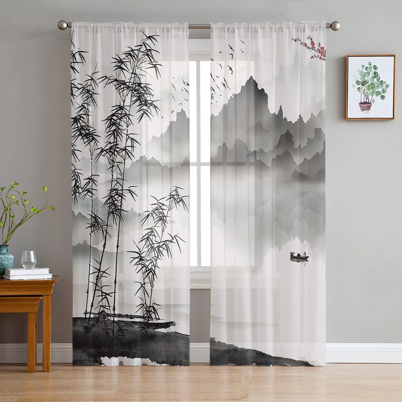 Chinese Style Bamboo Branch Pavilion Tulle Sheer Curtains for Living ...