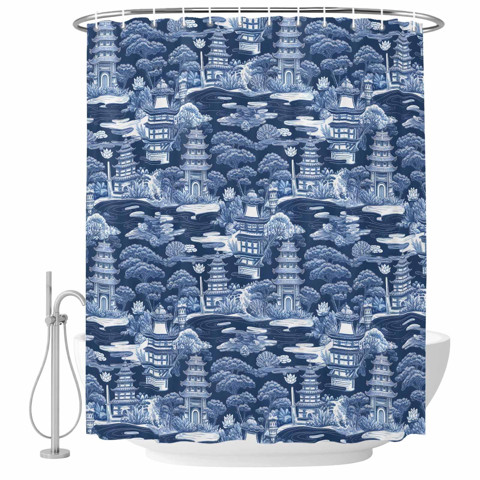 Chinese Style Bathroom Shower Curtains with Hooks, Blue Garden Plant ...