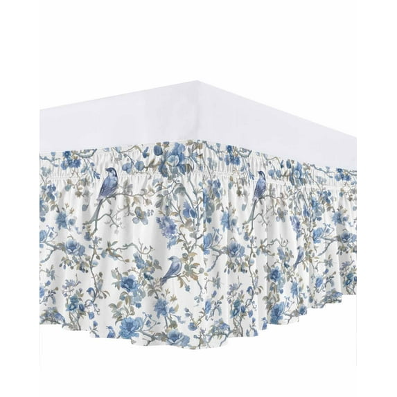 Chinese Style Bed Skirt King Size 16 Inch Drop, Blue Flowers and Birds ...