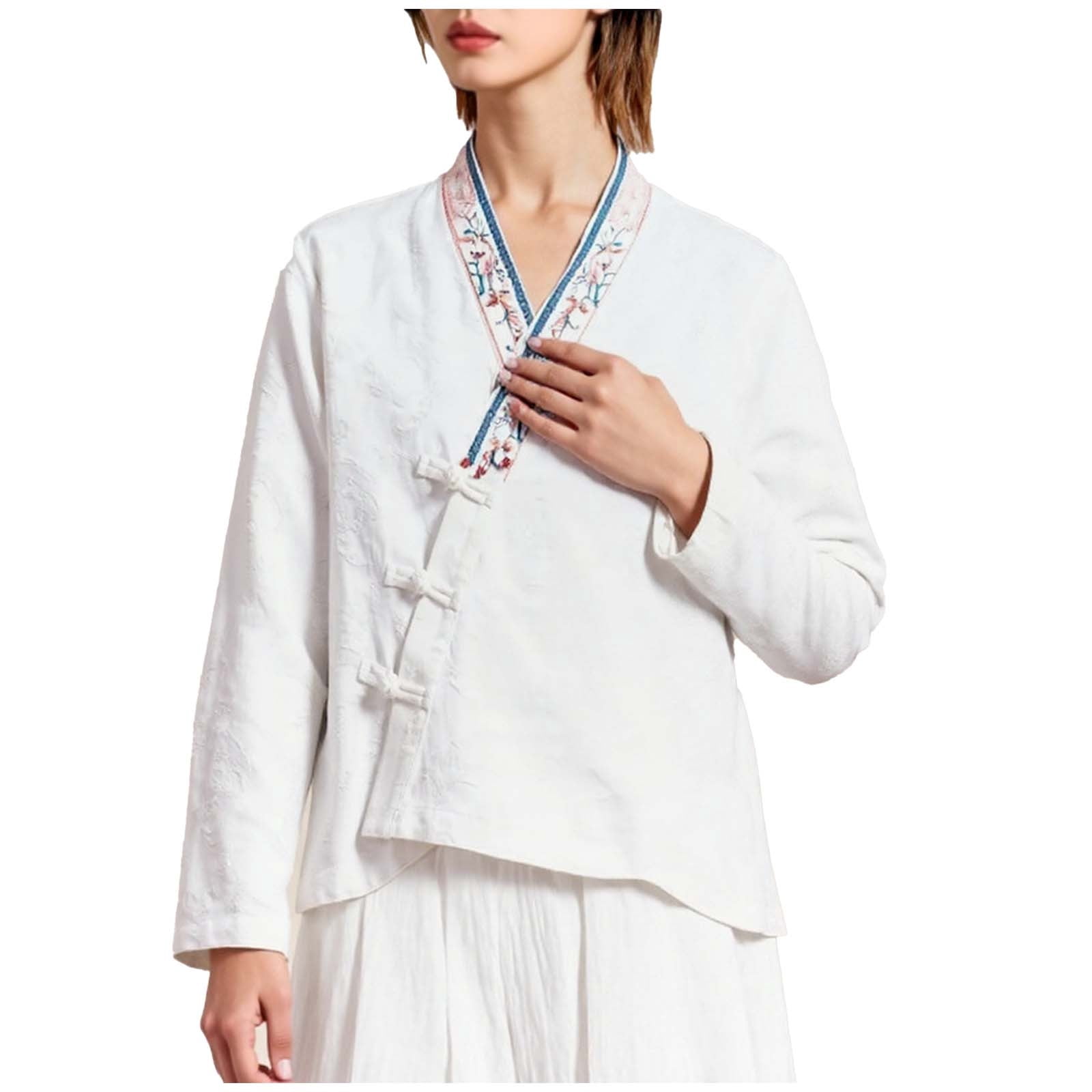 Chinese-Style Blouses for Women 3/4 Length Sleeve Tops Frog Button ...