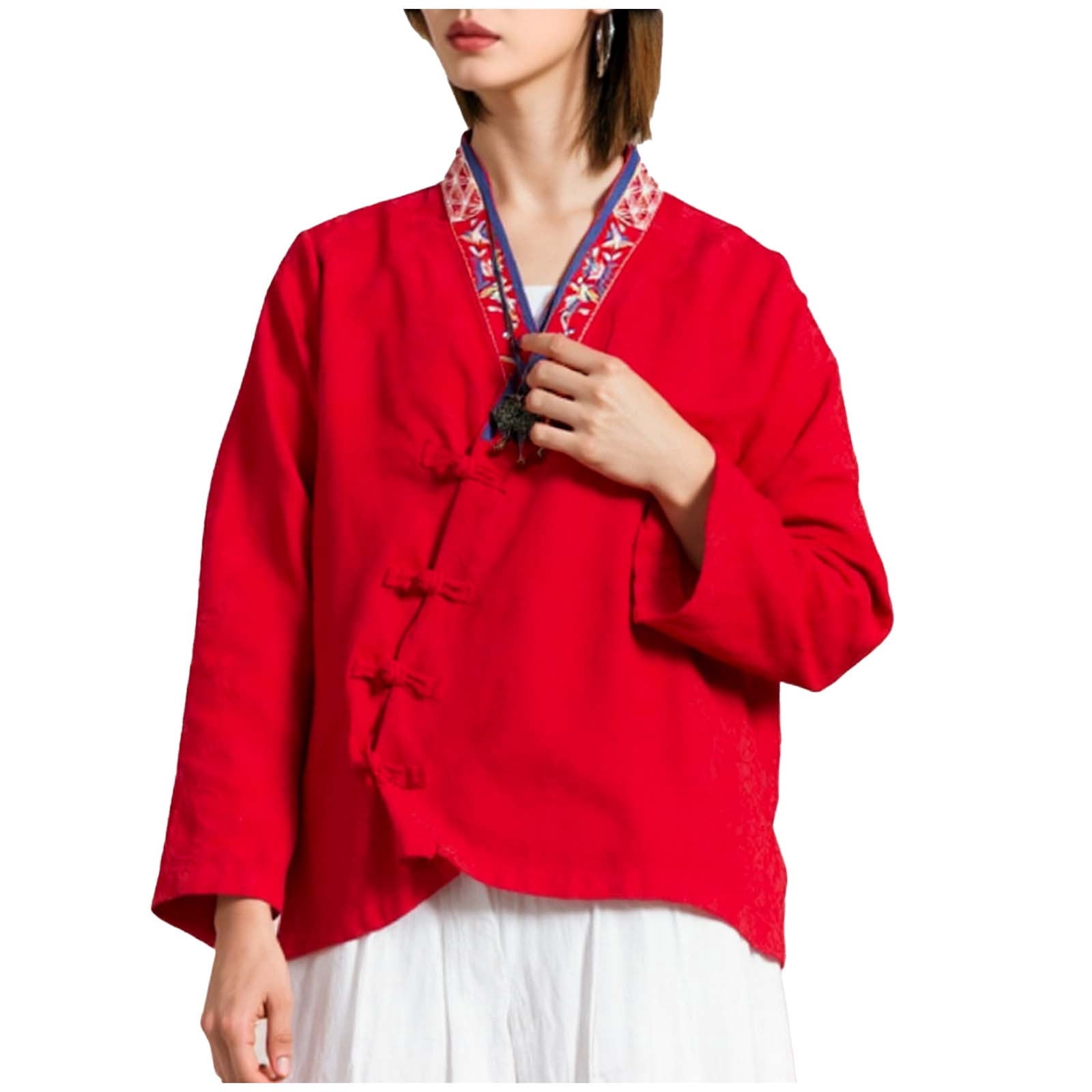 Chinese-Style Blouses for Women 3/4 Length Sleeve Tops Frog Button ...