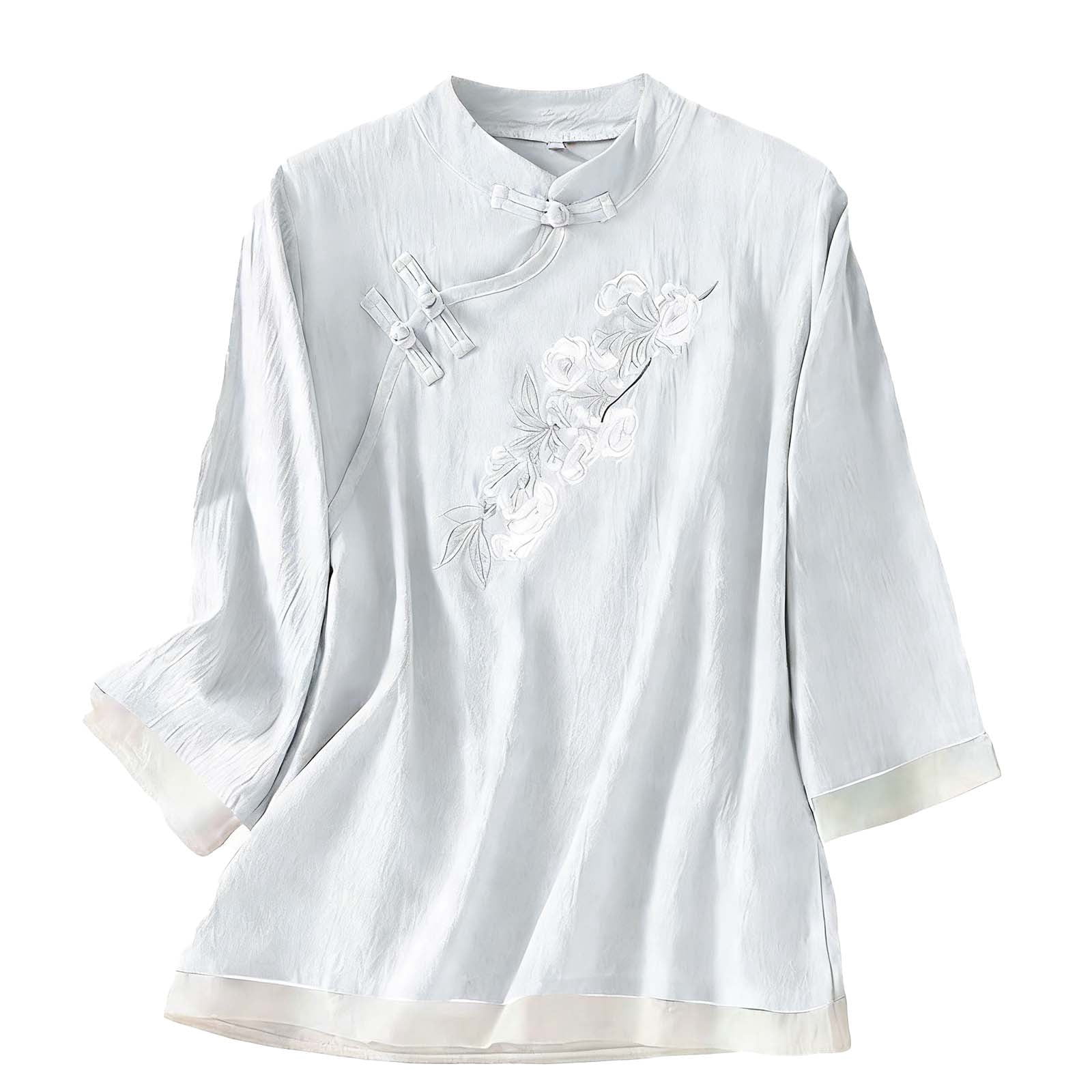 Chinese-Style Blouses for Women 3/4 Length Sleeve Tops Frog Button ...