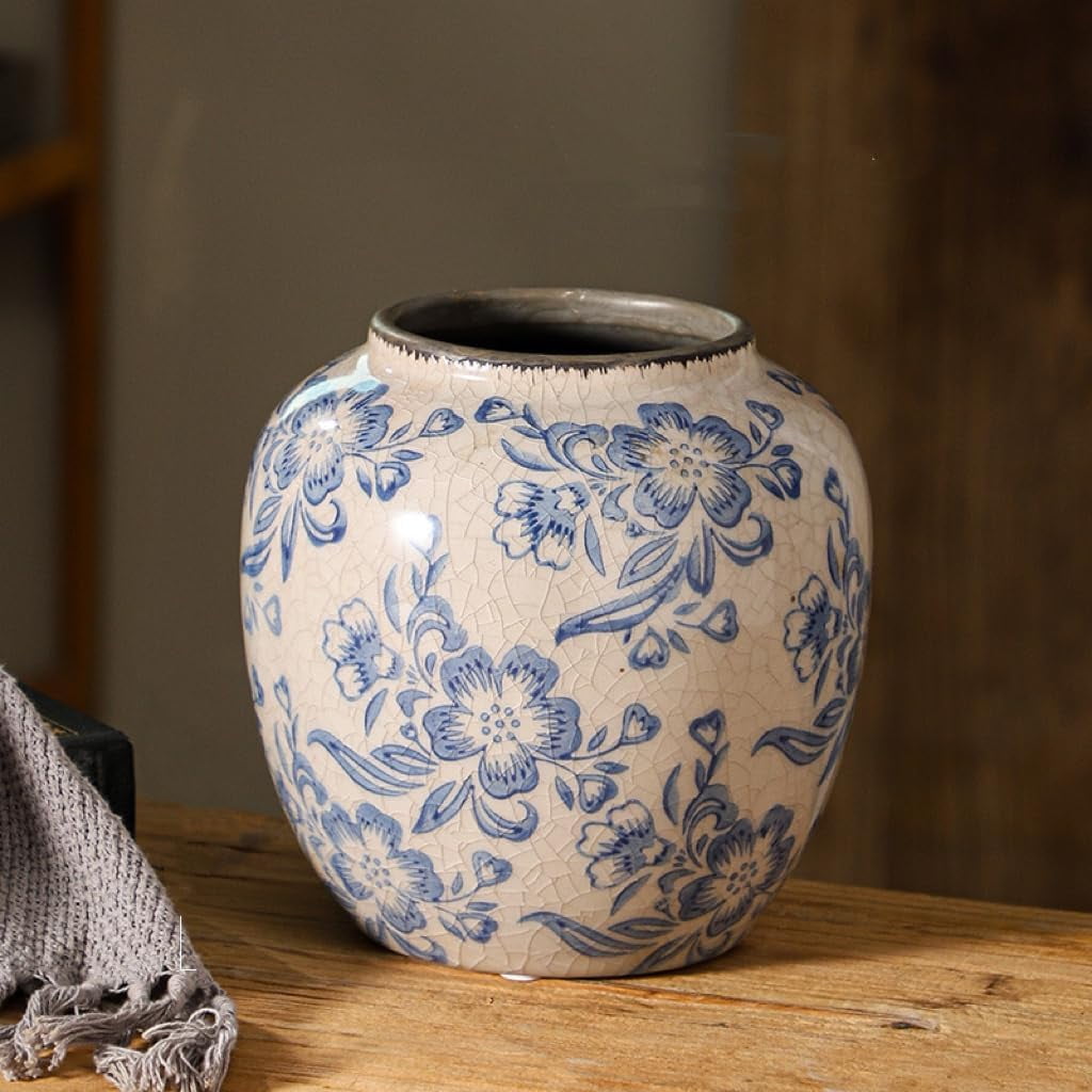 Chinese Style Blue & White Decorative Vase - Ceramic Farmhouse Vessel ...