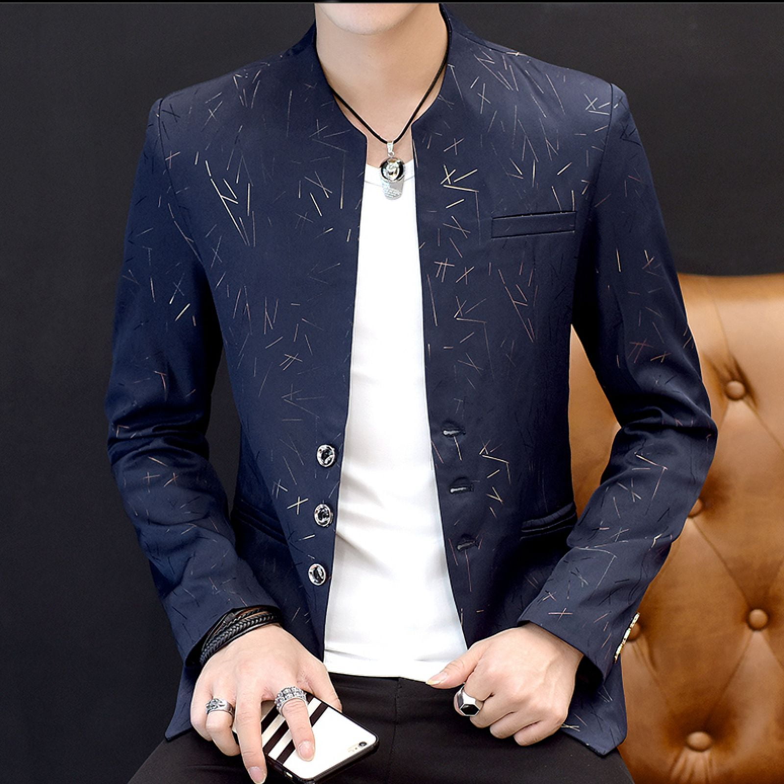 Chinese Style Collarless Suit Jacket for Men Fashion Slim Fit Casual ...