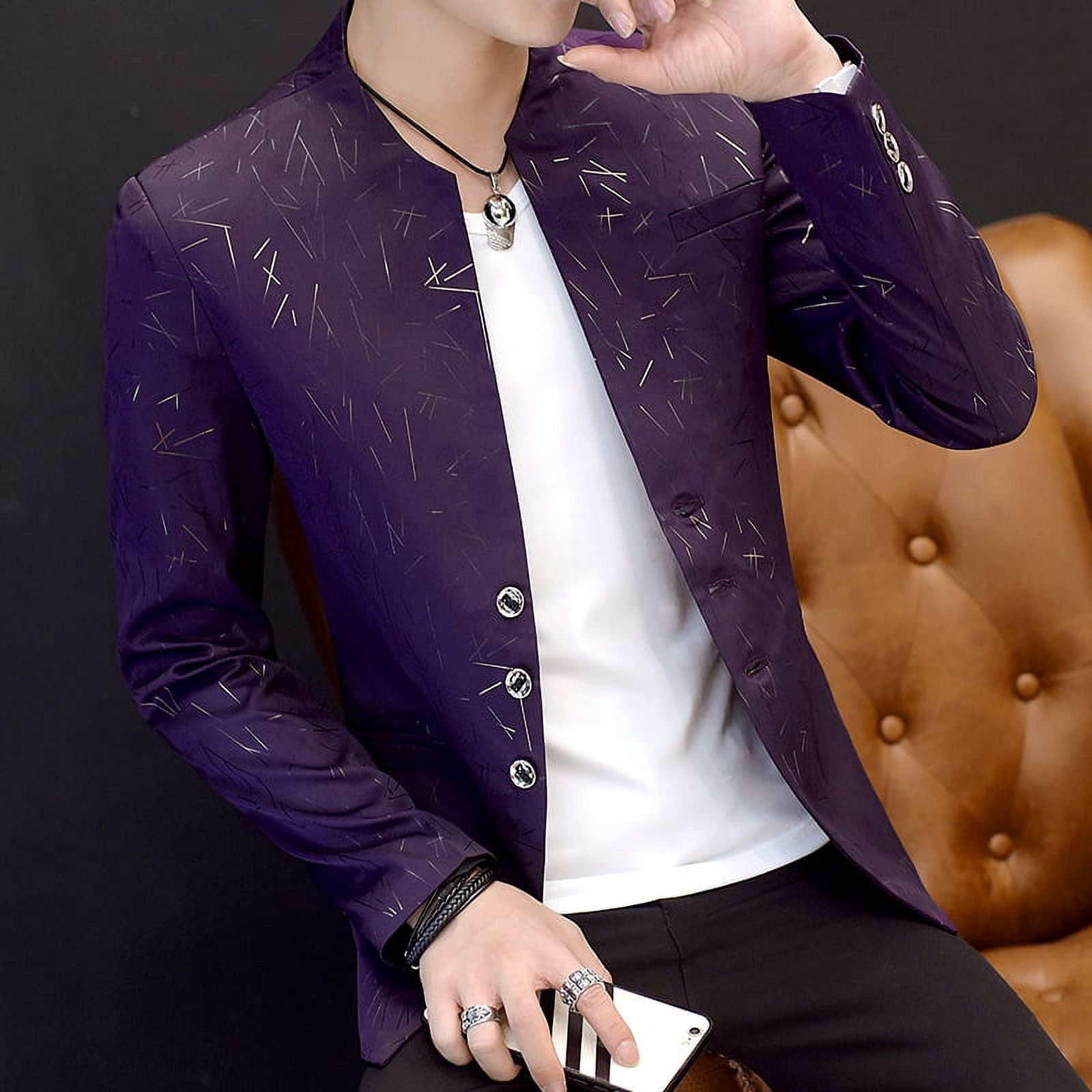 Chinese Style Collarless Suit Jacket for Men Fashion Slim Fit Casual ...