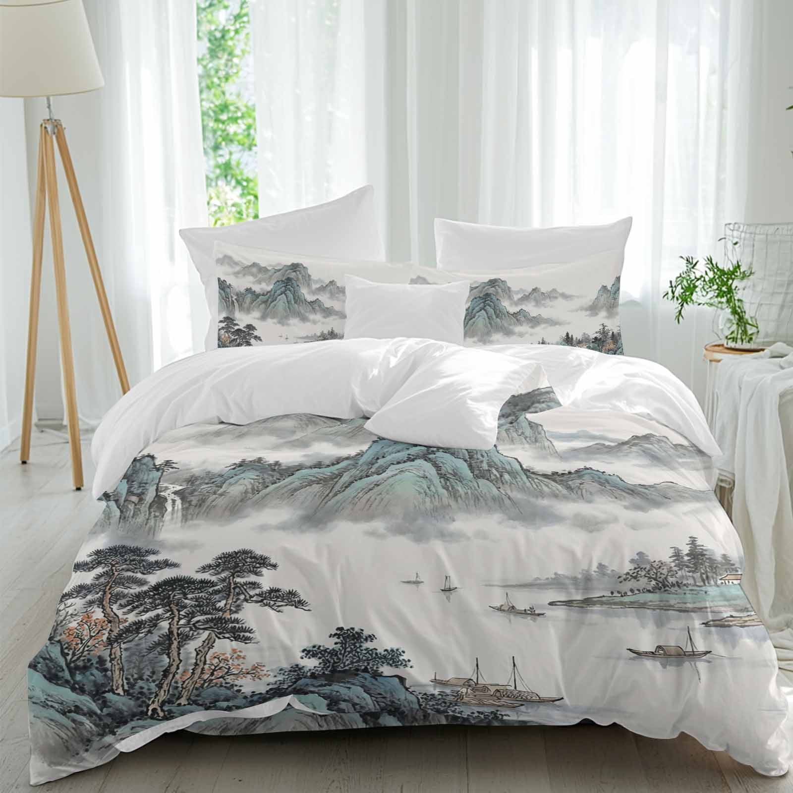 Chinese Style Comforter Set Full Size, Traditional Ink Painting Tree ...