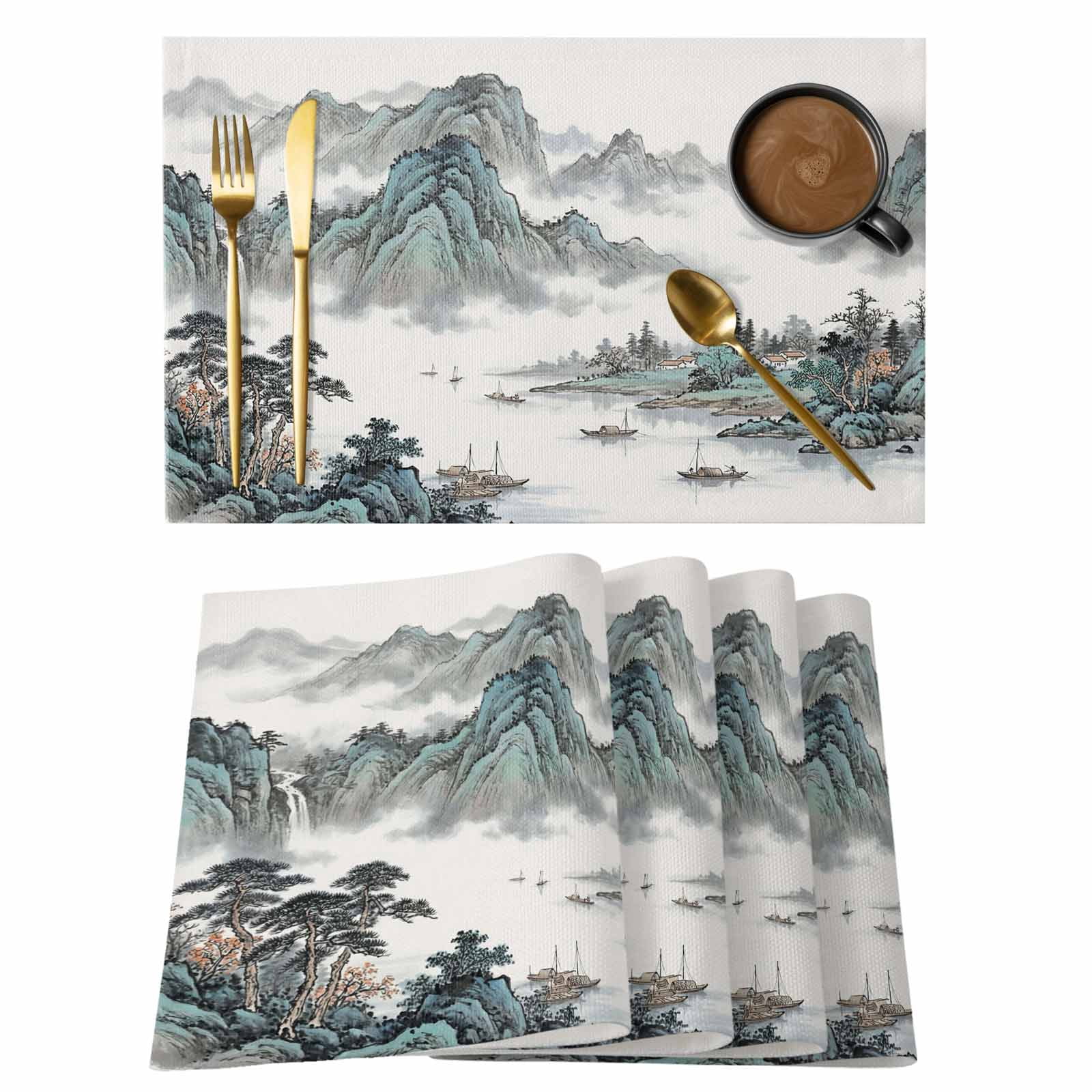 Chinese Style Cotton Linen Placemats Set of 6, Traditional Ink Painting ...