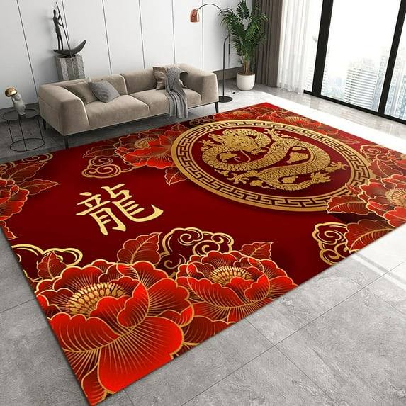 Chinese Style Dragon Area Rugs, Red Creative Dragon Soft Washable ...