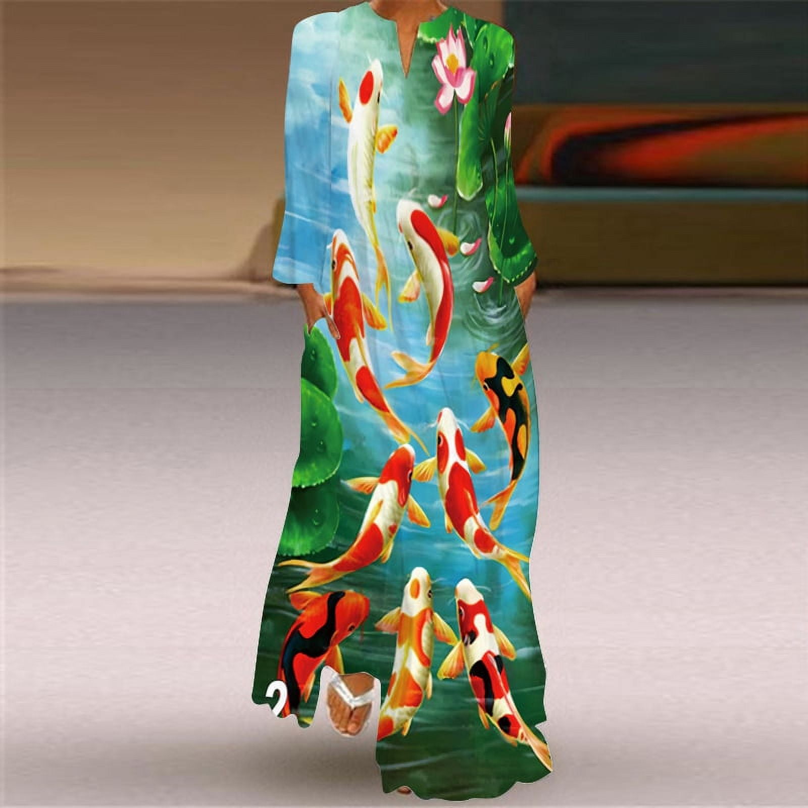 Chinese-Style Dress Koi Fish Pattern Printed Long-Sleeved Long Skirt Travel Photo Stage Catwalk ...