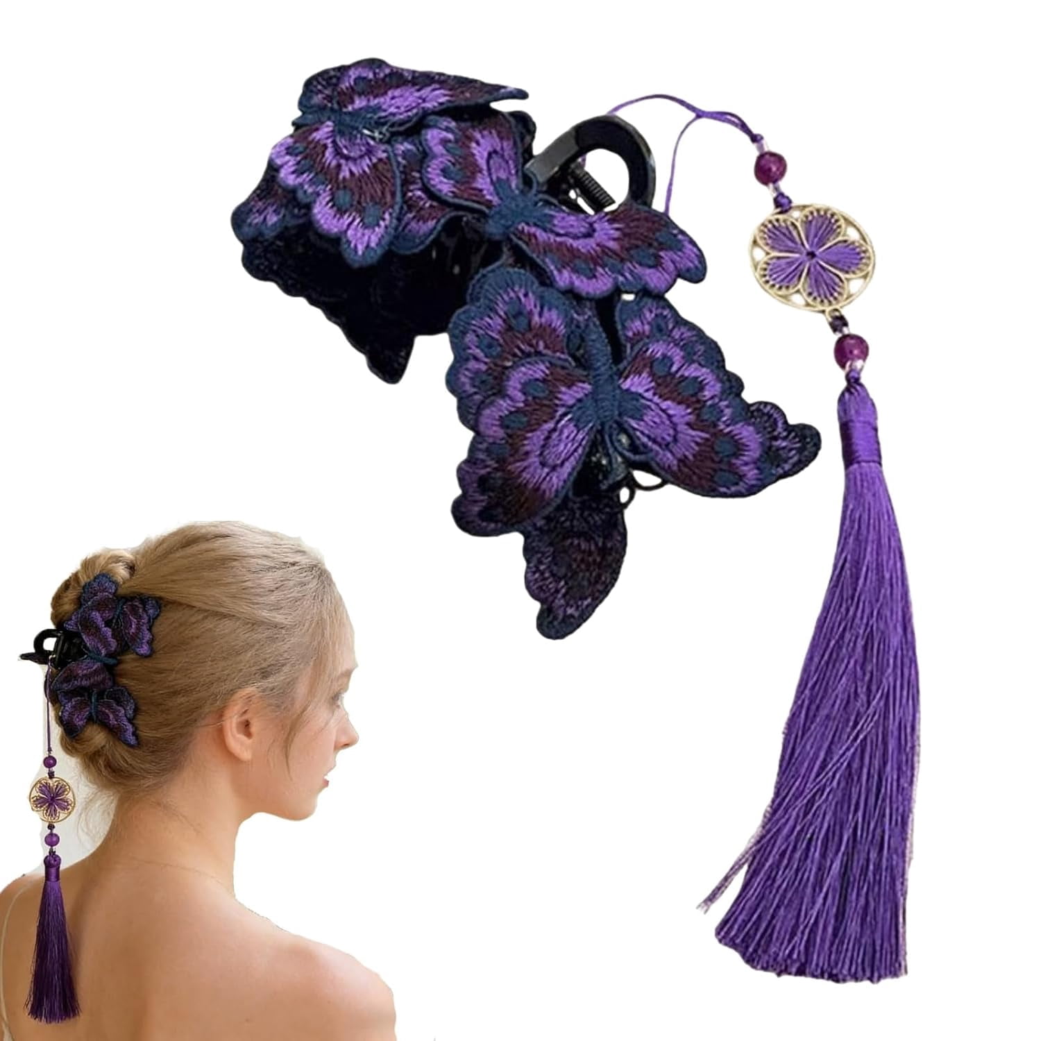 Chinese Style Embroidered Butterfly Hair Claw Clip with Tassel,Elegant ...
