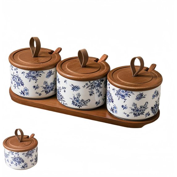 Chinese Style Floral Spice Jar Set,Home Ceramic Seasoning with Lid ...