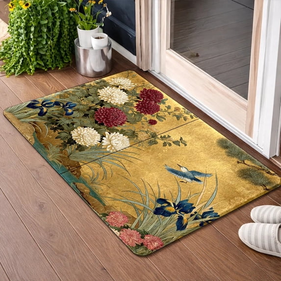 Chinese Style Flower Bird Golden Foil Non-Slip Doormat, Machine ...
