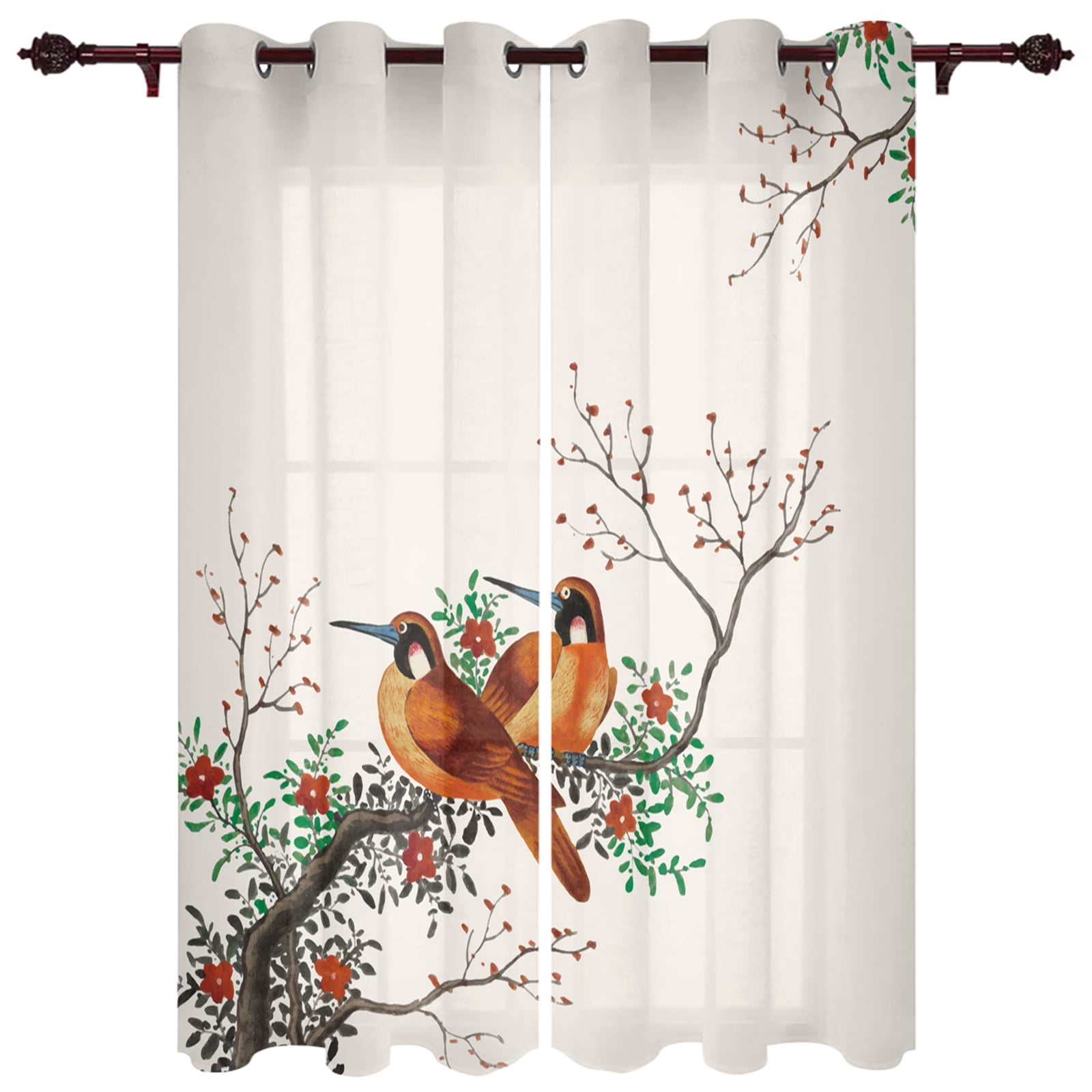 Chinese Style Flower Bird Illustration Window Curtains for Living Room ...
