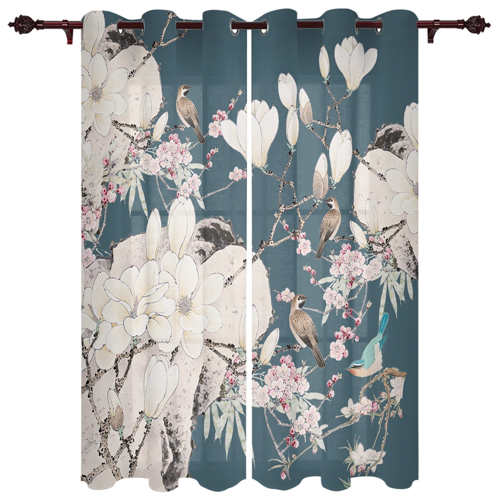 Chinese Style Flowers And Birds Illustration Window Curtains for Living ...