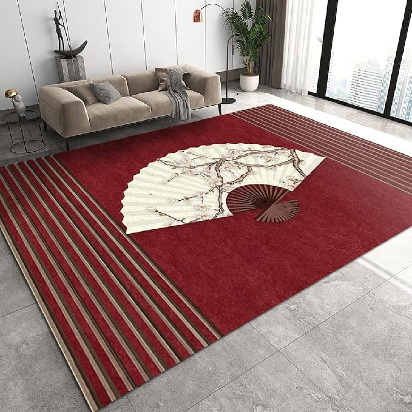 Chinese Style Folding Fan Area Rug, Red Background Non Slip Easy Care ...