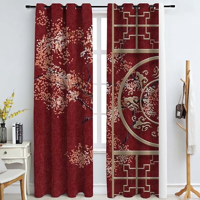 Chinese Style Gold Blackout Window Curtain, Traditional Red Flowers ...