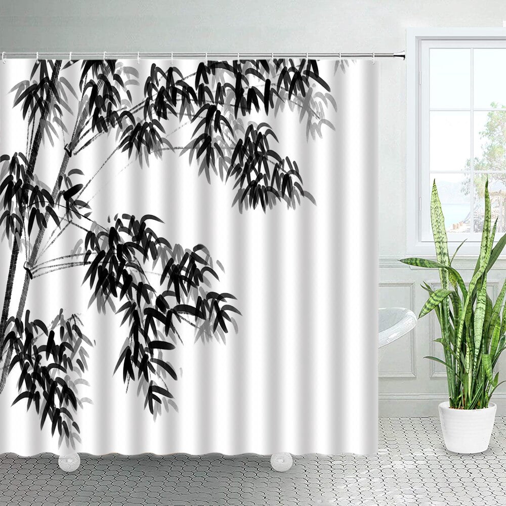Chinese Style Ink Bamboo Shower Curtains Set Black White Plants Birds ...