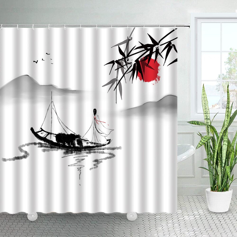 Chinese Style Ink Bamboo Shower Curtains Set Black White Plants Birds ...