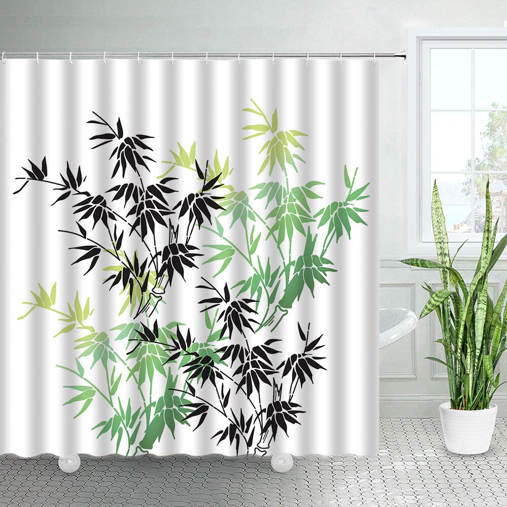 Chinese Style Ink Bamboo Shower Curtains Set Black White Plants Birds ...