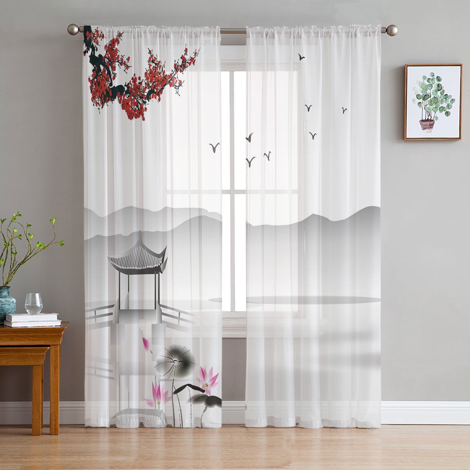 Chinese Style Ink Painting Flowers Landscape Sheer Curtains for Living ...