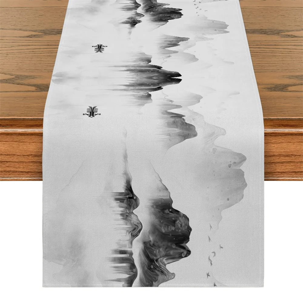 Chinese Style Ink Painting Table Flag Dizzy Mountain Art Table Runner ...