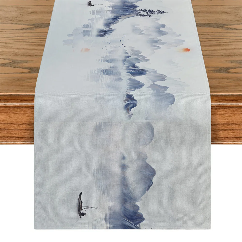 Chinese Style Ink Painting Table Flag Dizzy Mountain Art Table Runner ...