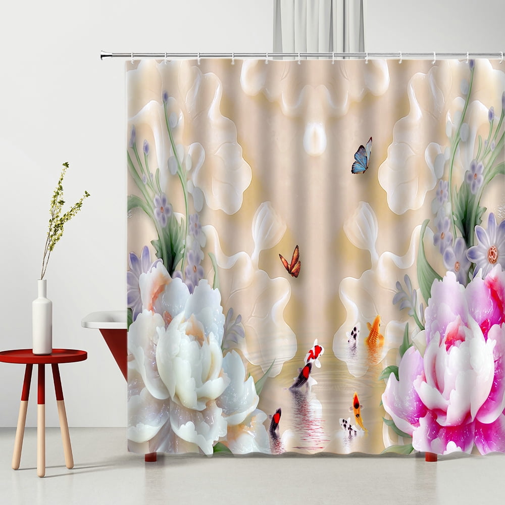 Chinese Style Jade Carving Flowers Pattern Waterproof Shower Curtains Water Bath Curtain ...