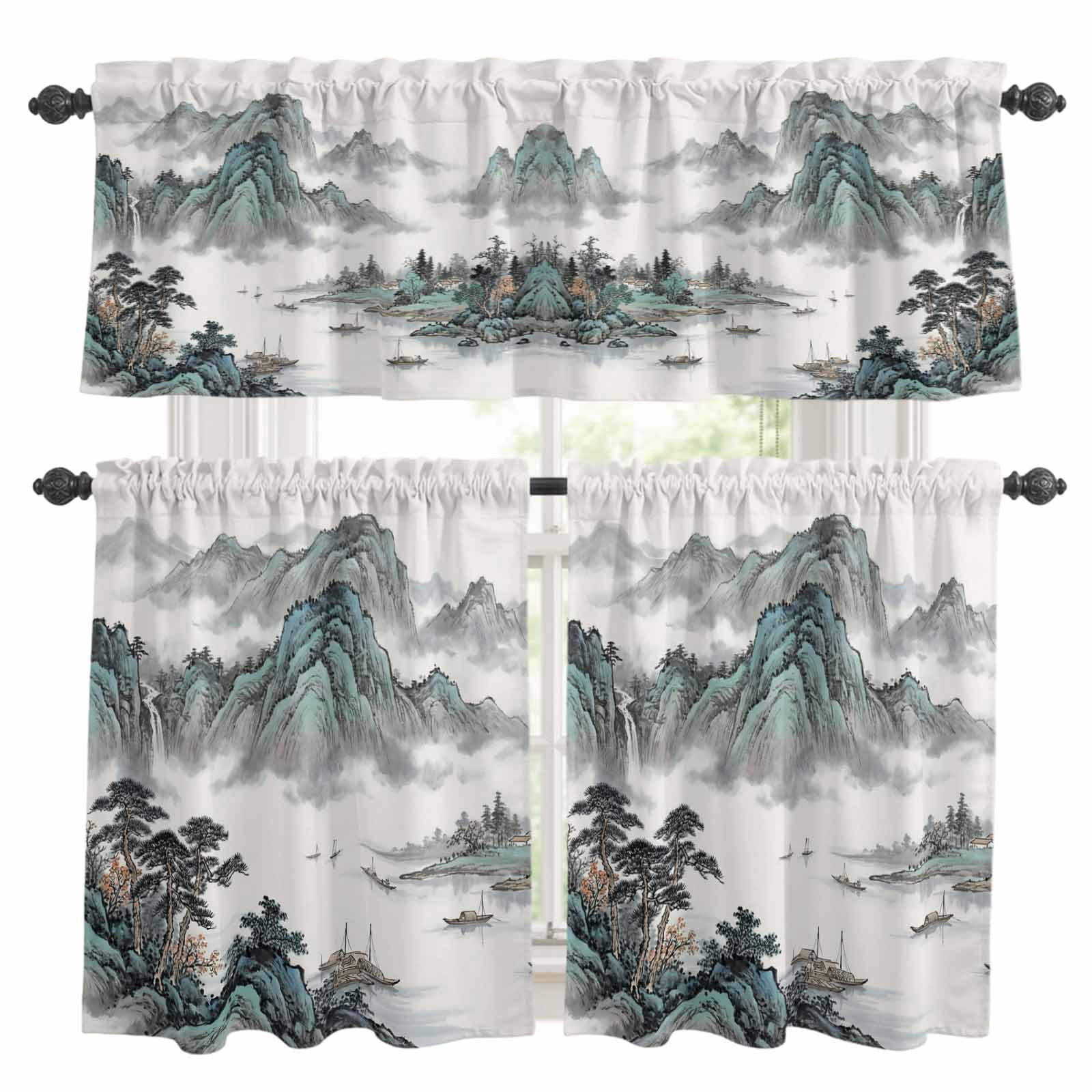 Chinese Style Kitchen Curtains Set for Windows, Traditional Ink ...