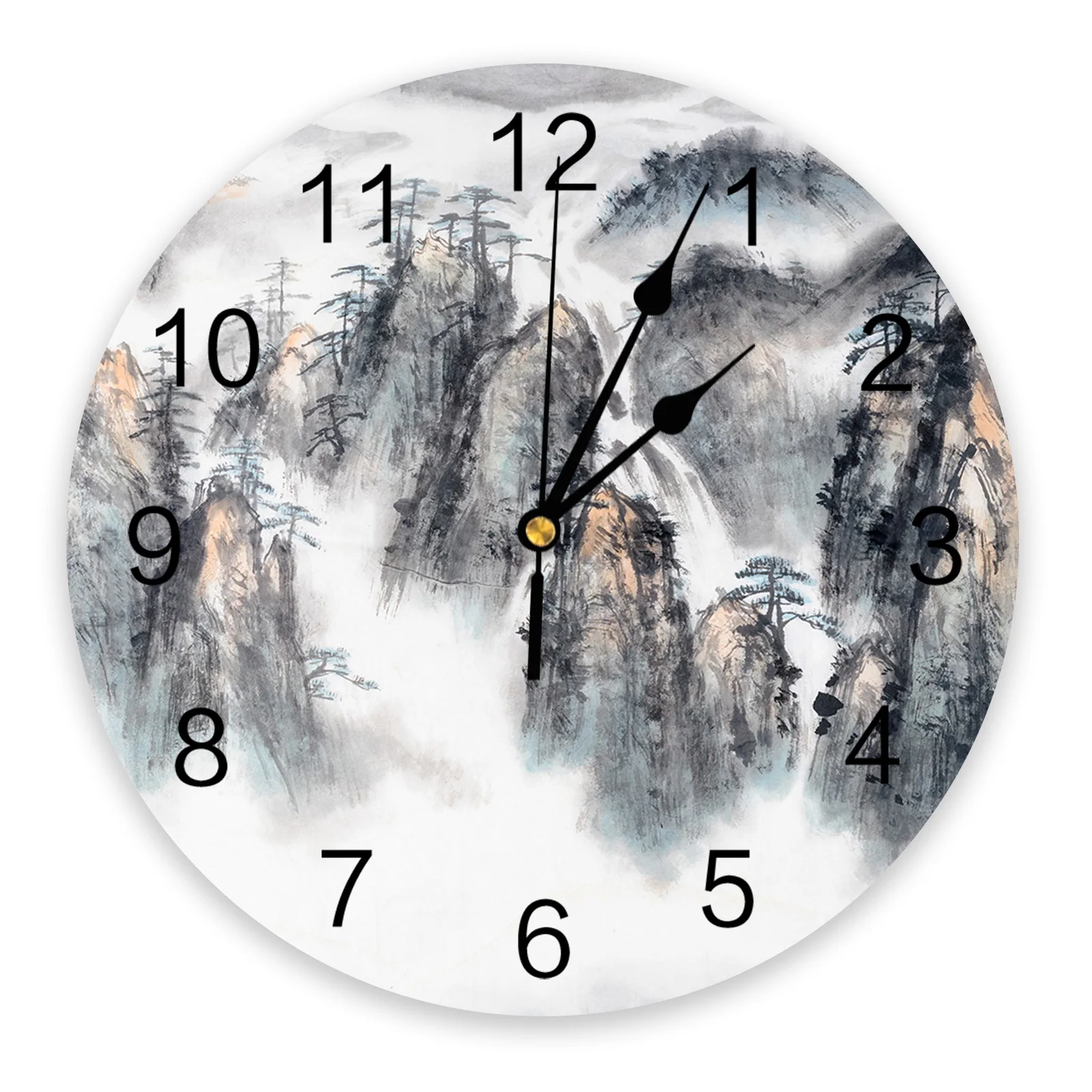 Chinese Style Landscape Ink Painting Large Wall Clocks Kids Room Silent ...