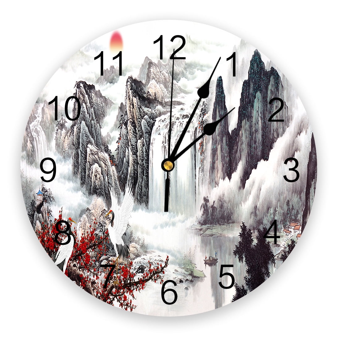 Chinese Style Landscape Ink Painting Large Wall Clocks Kids Room Silent ...