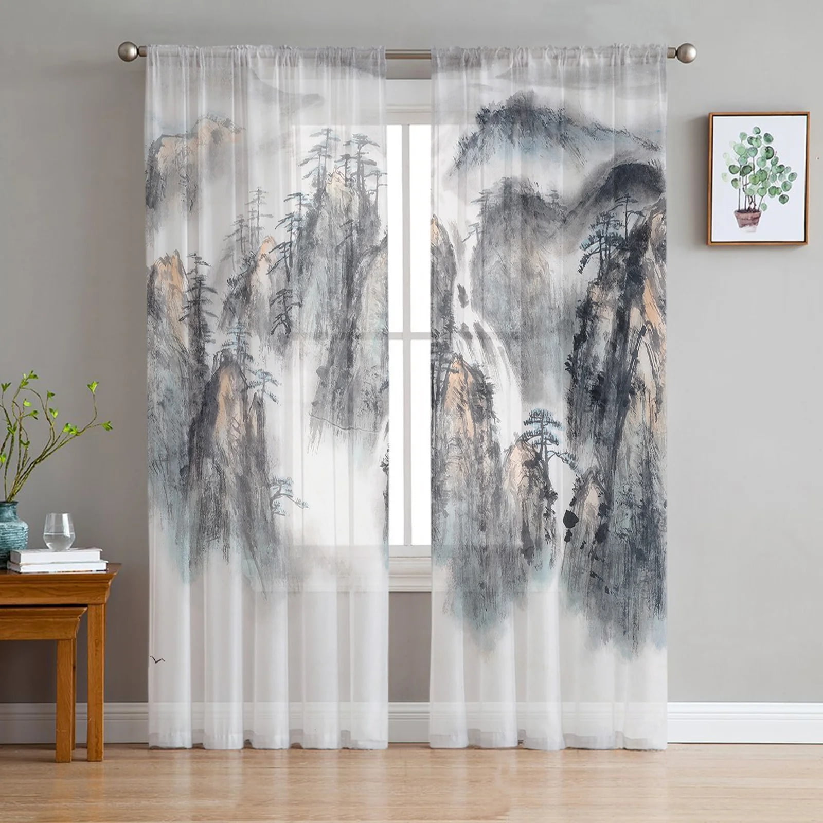Chinese Style Landscape Painting Ink Sheer Curtains Living Room Bedroom ...