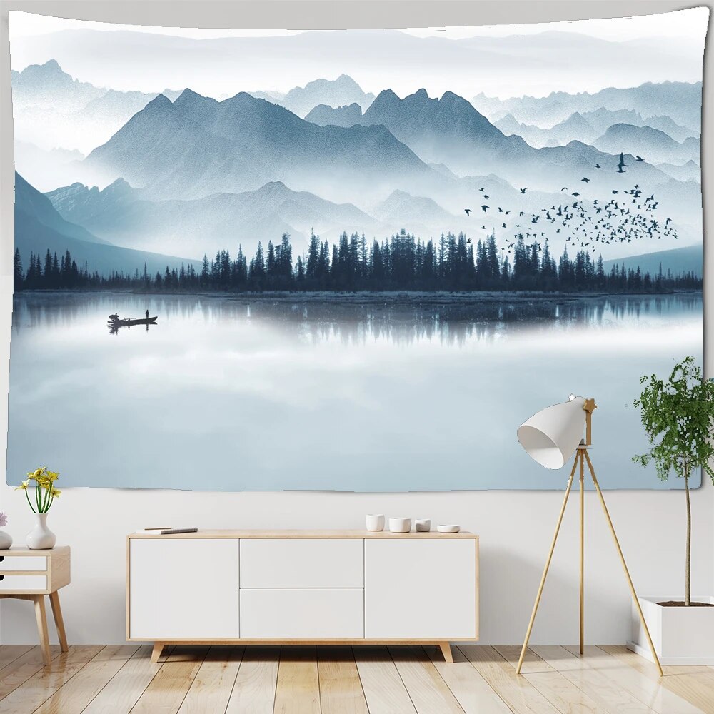 Chinese Style Landscape Tapestry Wall Hanging Mountain Waterfall ...