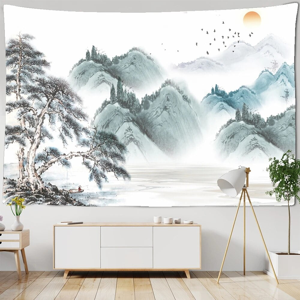 Chinese Style Landscape Tapestry Wall Hanging Mountain Waterfall ...