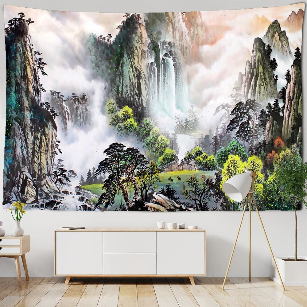 Chinese Style Landscape Tapestry Wall Hanging Mountain Waterfall ...