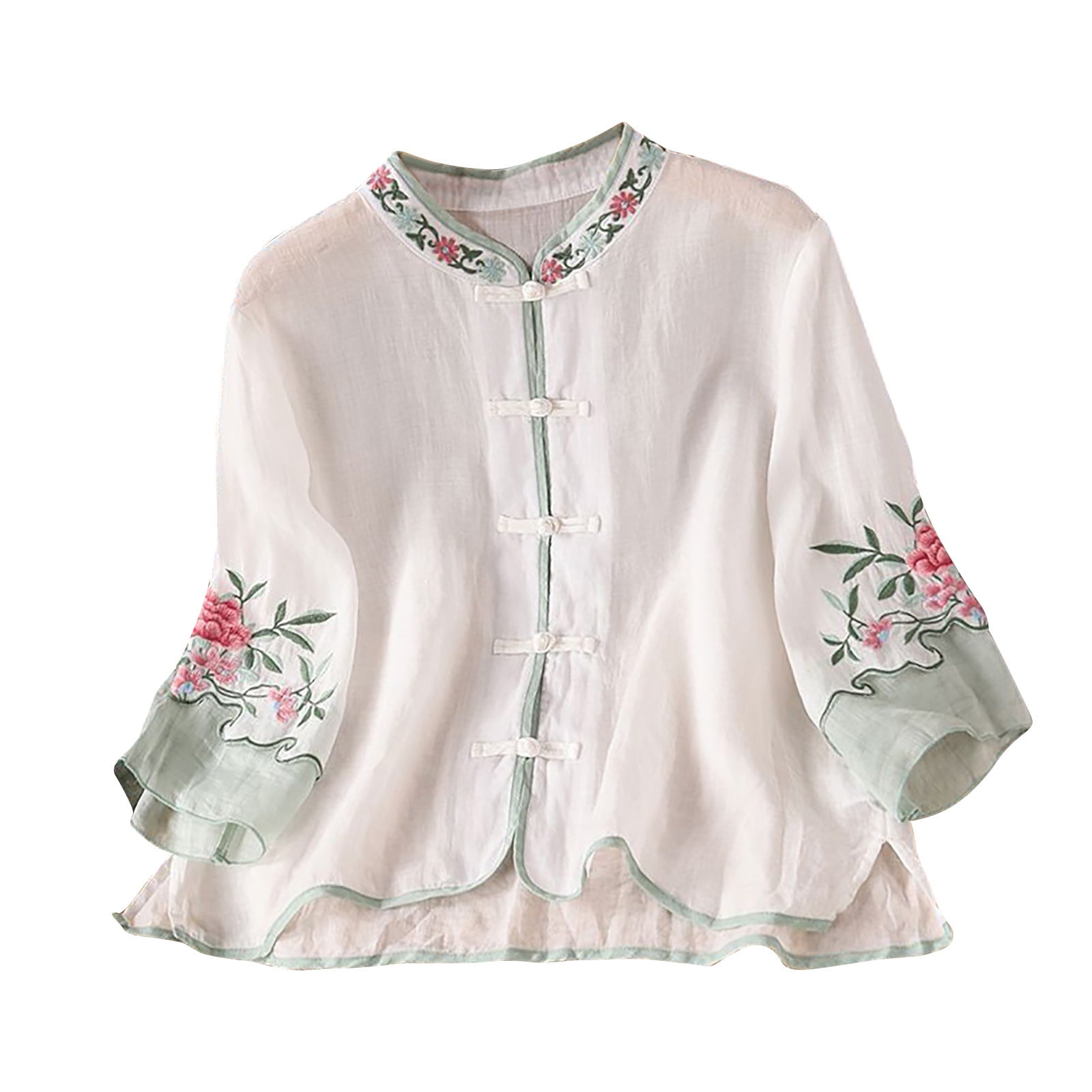 Chinese Style Linen Shirt for Women Embroidery Button Down Collar Long ...