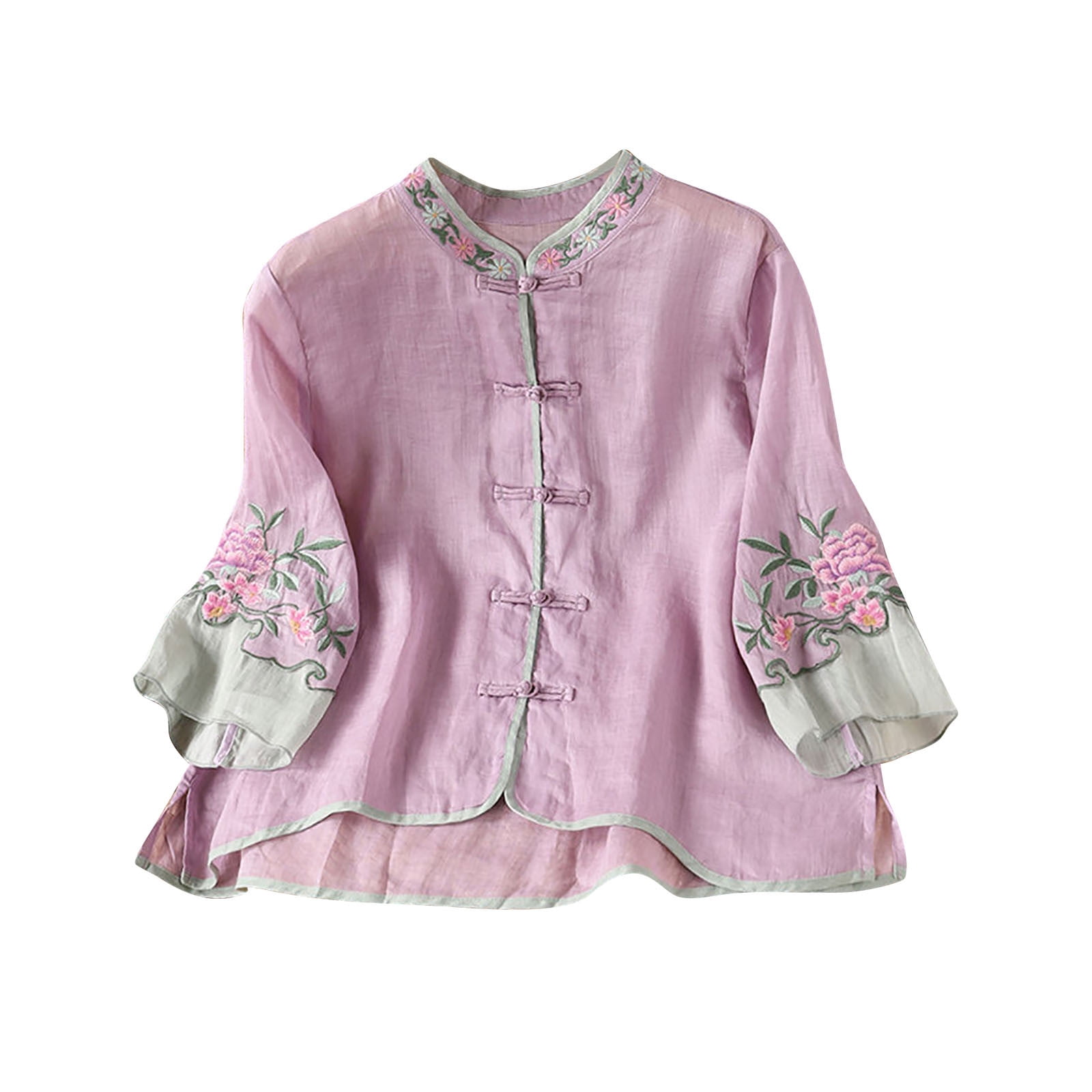 Chinese Style Linen Shirt for Women Embroidery Button Down Collar Long ...