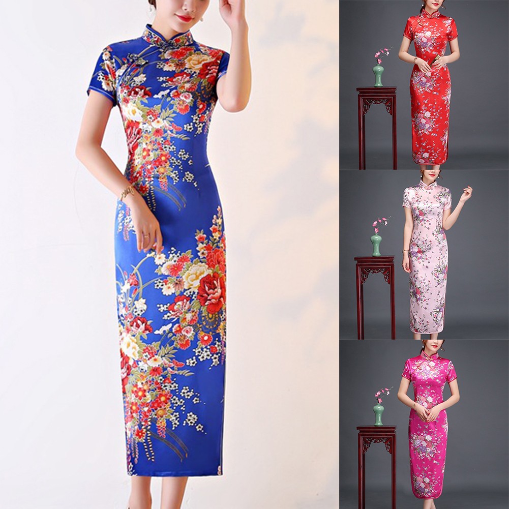 Chinese Style Long Dress: Qipao Short-Sleeved In Slim Fit And Long ...