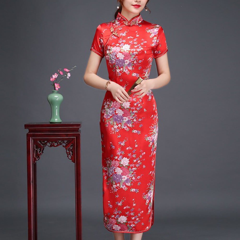 Chinese Style Long Dress: Qipao Short-sleeved in Slim Fit and Long ...