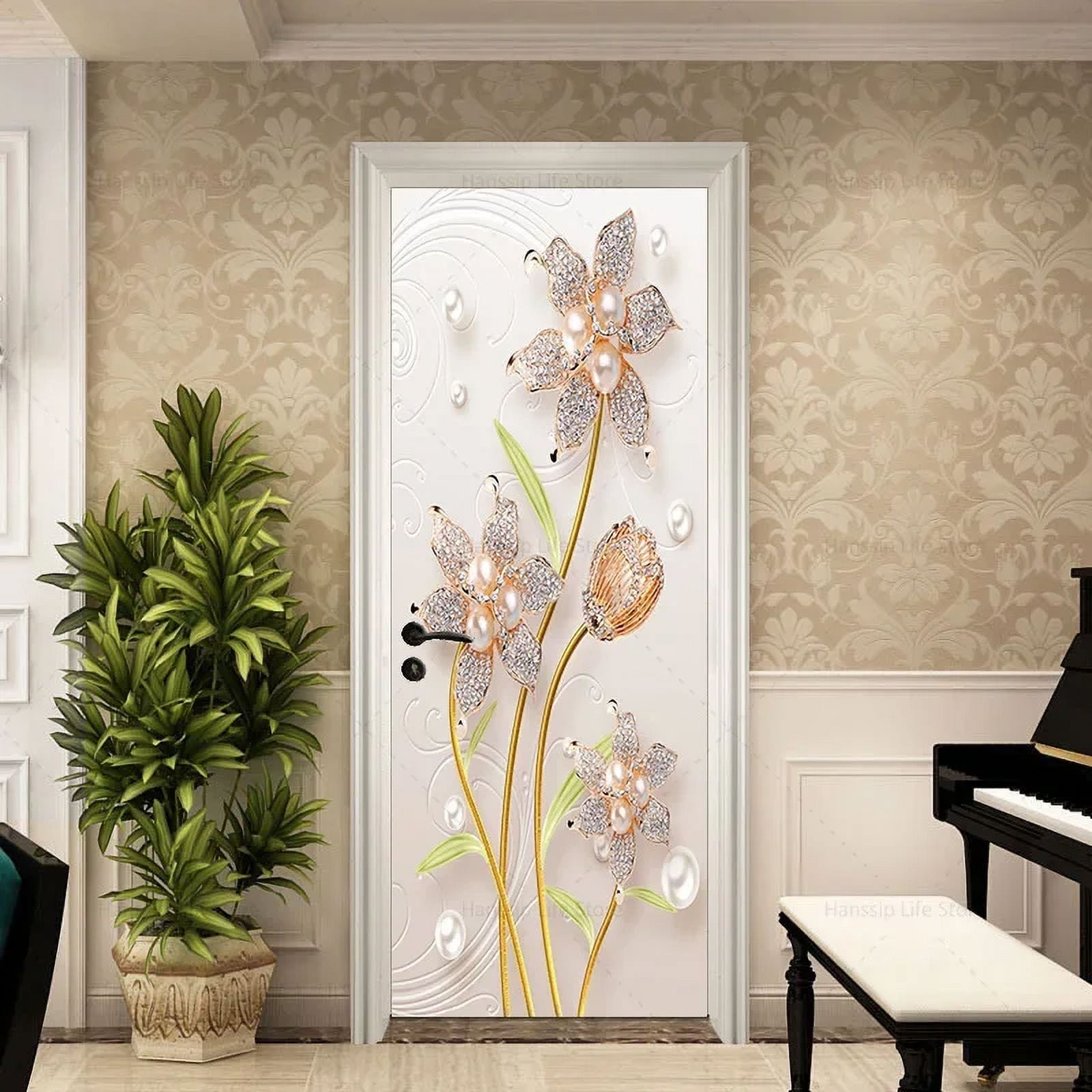 Chinese Style Lotus Flower Door Stickers Wallpaper Self-adhesive ...