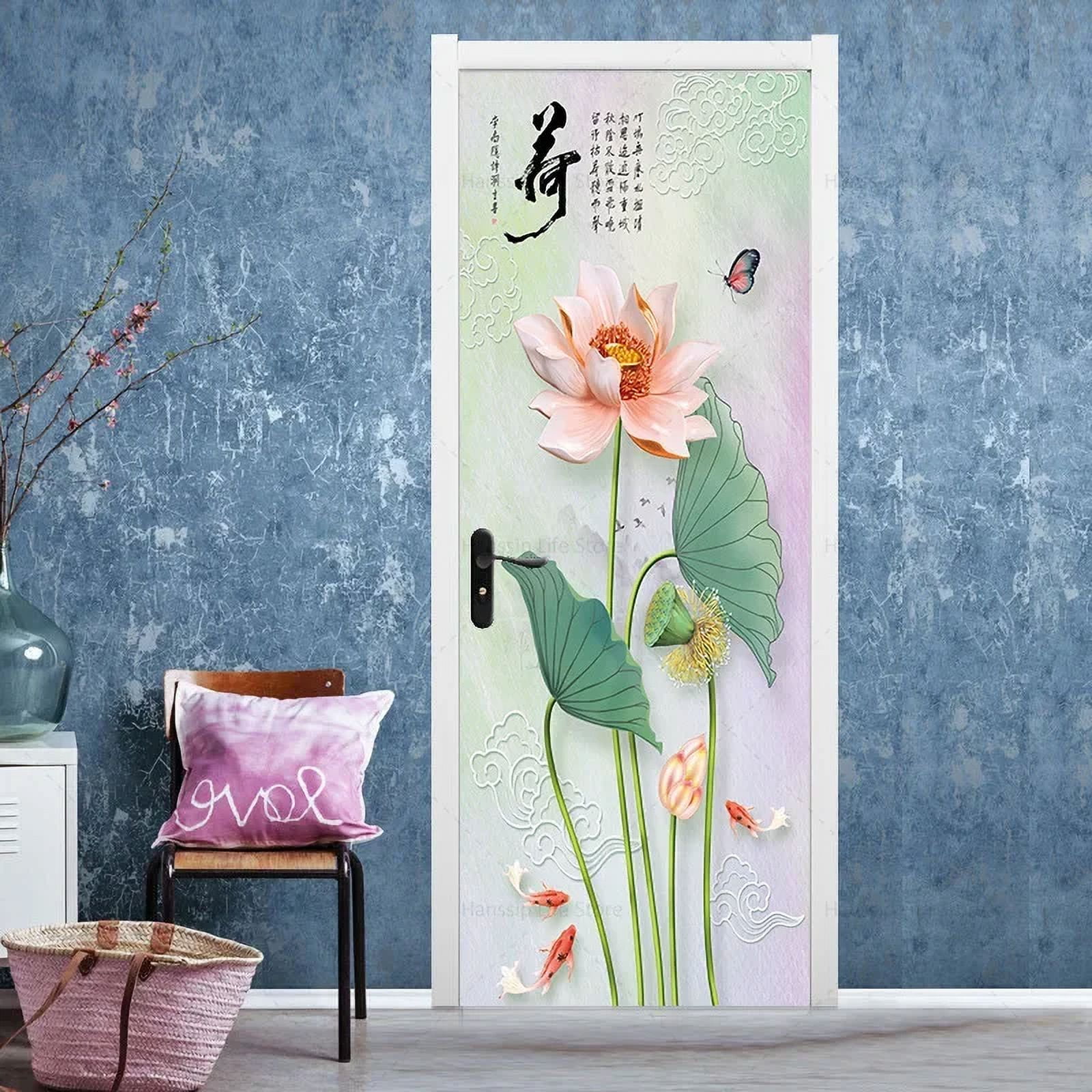 Chinese Style Lotus Flower Door Stickers Wallpaper Self-adhesive ...