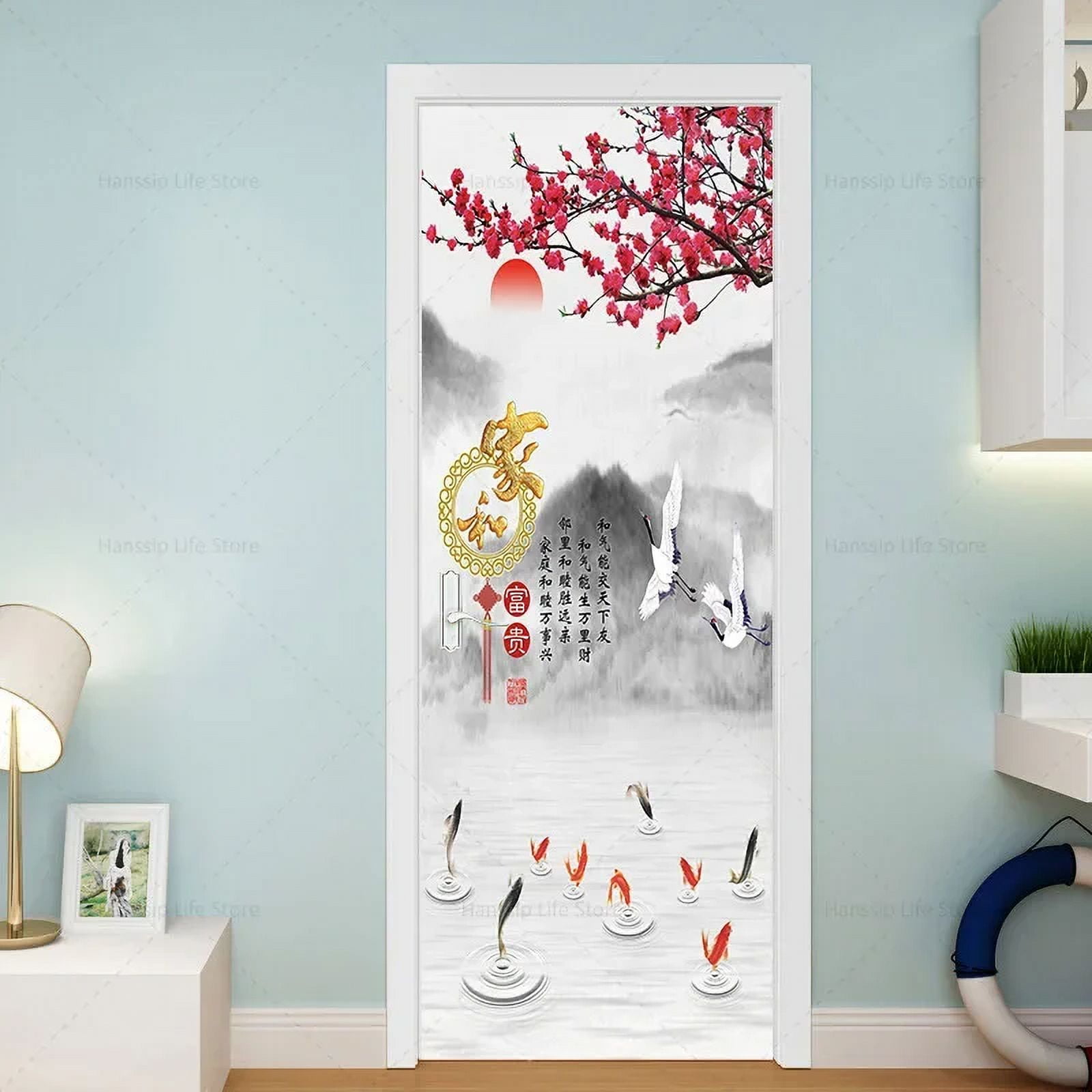 Chinese Style Lotus Flower Door Stickers Wallpaper Self-adhesive ...