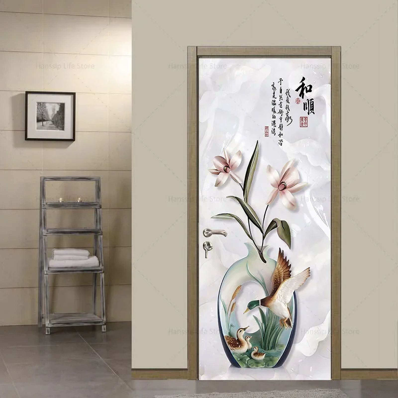 Chinese Style Lotus Flower Door Stickers Wallpaper Self-adhesive ...